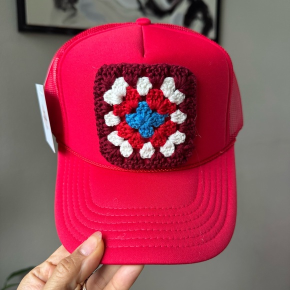 BayouStuntWife | Accessories | Red Boho Granny Square Trucker Hat ...